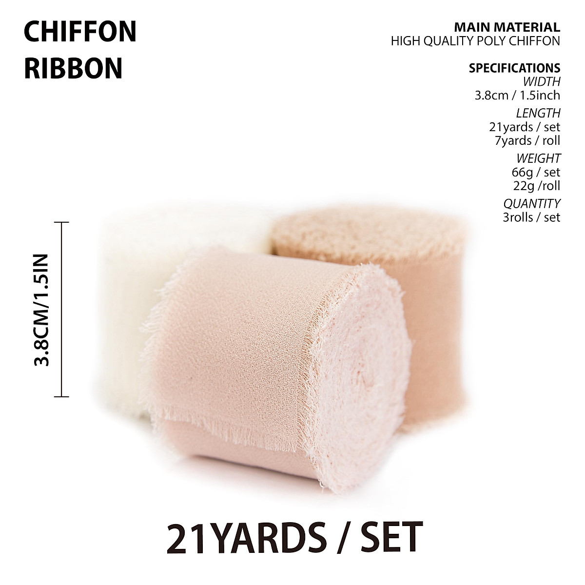 Vitalizart Pink Handmade Chiffon Silk Ribbon Fringe 1.5" x 21 Yd Blush Pink & White Frayed Edges Ribbons for Wedding Invitations Bridal Bouquets Gifts Wrapping Crafts Holiday Party Decorations