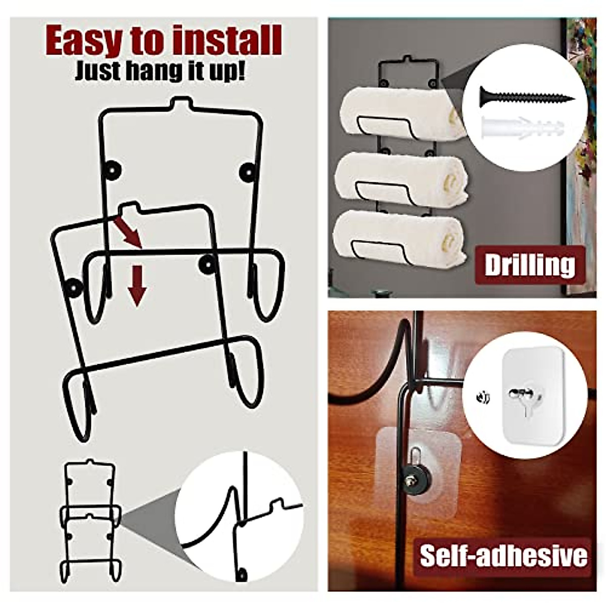 DIY Bathroom Towel Rack Holder Set - Adjustable Wall Mounted & Over The Door Hanging Storage Organizer for Hand/Bath Towels, Set of 6