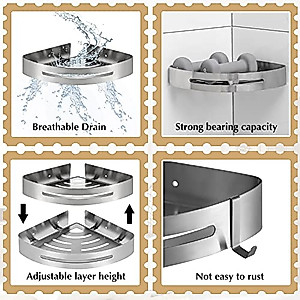 2 Pack Corner Shelves for Shower Corner Shower Caddy Shower Shelves Wall Mounted 304 Stainless Steel Bathroom with Two Hooks No Drill Shower Storage Organizer with Glue and Screw (Matte Silver Color)