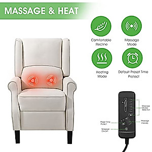 COOLDEX Wingback Recliner Chair with Heat & Massage Feature, Tufted Fabric Accent Chair Sofa for Reading, Living Room and Bedroom (Beige)