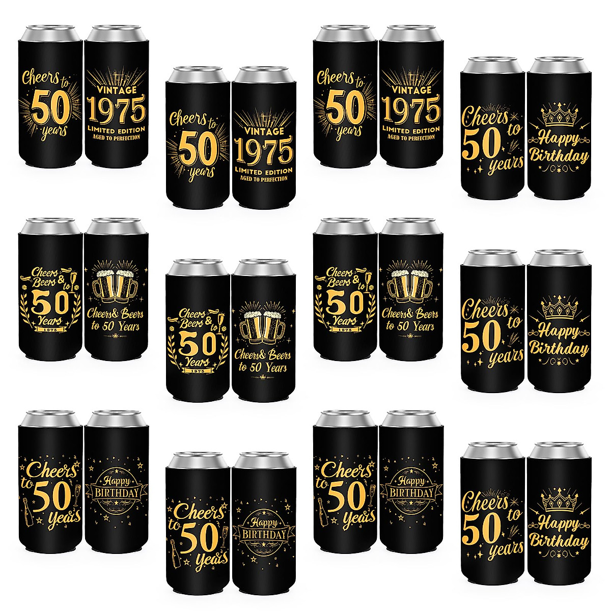 Slim Can Cooler Sleeves 12 Pack, Neoprene Skinny Can Coolers for 12 oz Standard Cans Cup,50th Birthday Party Favor Decorations for Men Women Funny Party Supplies (50th Birthday Party)
