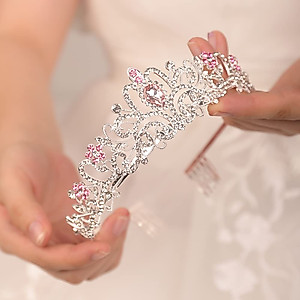 JWICOS Silver Rhinestone Tiara and Crown for Women Elegant Pink Crystal Crown with Combs Princess Birthday Crown for Brides Bridal Wedding Prom Birthday Party Hair Accessories (Pink)