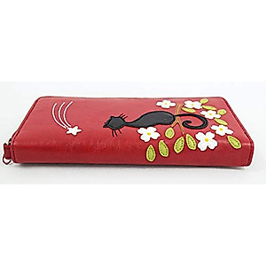 Lavishy Black Cat and Flower applique Zip Around Wallet with a Strap (Red)