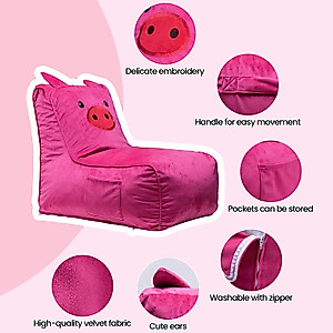 Cvortll Bean Bag Chair for Kids, Cute Pig L-Shape Animal Bean Bag Sofa with Top Handles and Side Pockets, Cute Soft and Comfy Bean Bag Chair with Filler Included, Ages 1+ Children's Day Gifts