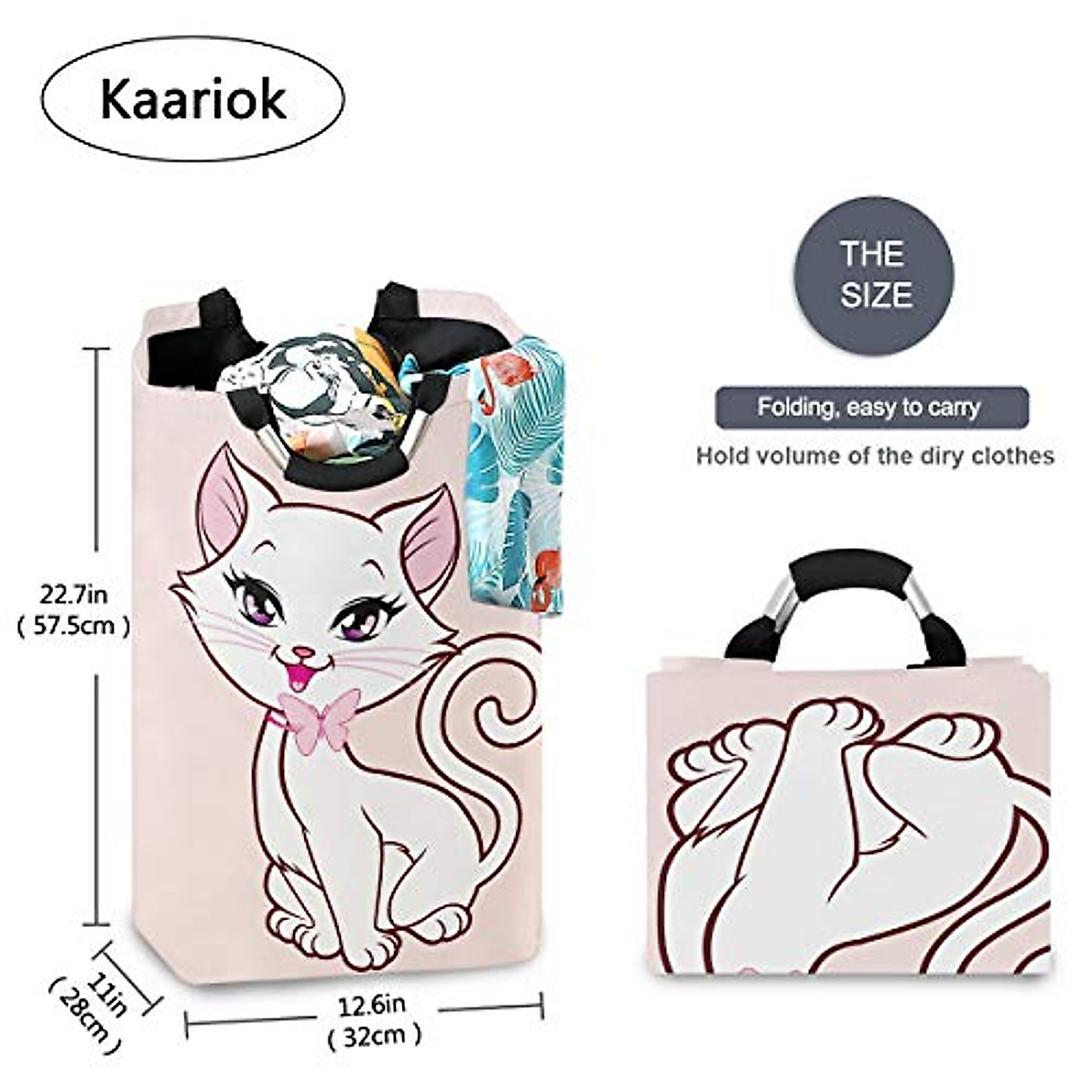 Kaariok Pink Cute Cat Kitten Animal Laundry Hamper with Handles Waterproof Collapsible Storage Basket Large Dirty Clothes Bin for Laundry Room, 22.7 Inches