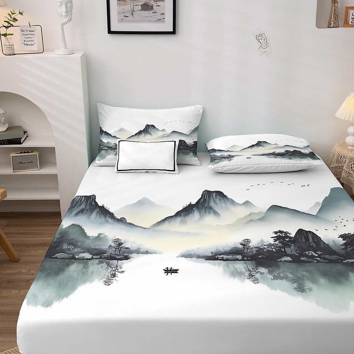Nature Sheets Full Size, Ink Painting Bed Sheets, Patterned Bedding Sheets & Pillowcases 4 Piece Set - Soft Microfiber Deep Pocket Fitted Sheet & Flat Sheet & 2 Pillow Cases Z1-&-191