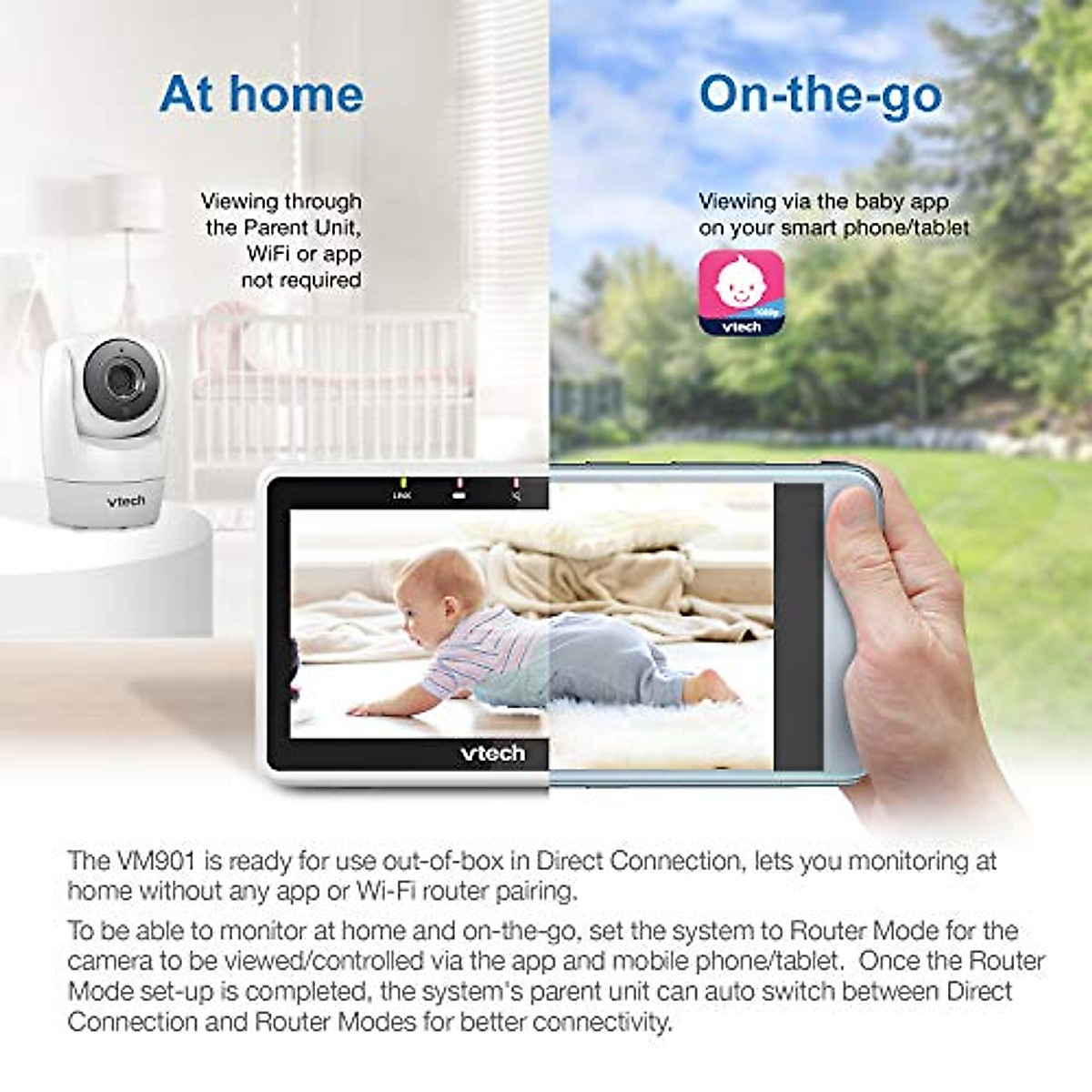 VTech Upgraded Smart WiFi Baby Monitor VM901, 5-inch 720p Display, 1080p Camera, HD NightVision, Fully Remote Pan Tilt Zoom, 2-Way Talk, Free Smart Phone App, Works with iOS, Android