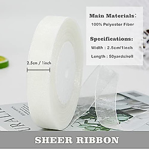 MUWOOB 1 inch White Organza Ribbon, 50 Yard Sheer Chiffon Ribbon for Gift Wrapping, Transparent Wired Tulle Ribbon for Holiday Presents, Birthday Cards, Wedding Party Decoration, Hair Bows Making