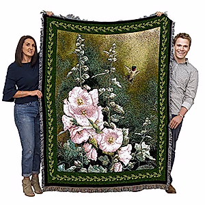 Pure Country Weavers Hollyhock Hummer Blanket by Catherine McClung - Hummingbird Bird Garden Floral Gift Tapestry Throw Woven from Cotton - Made in The USA (72x54)