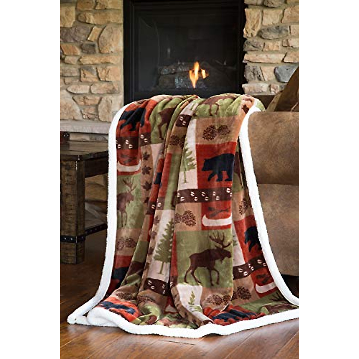 Carstens, Inc Patchwork Lodge Soft Sherpa Plush Throw Blanket, 54" x 68", Multicolor