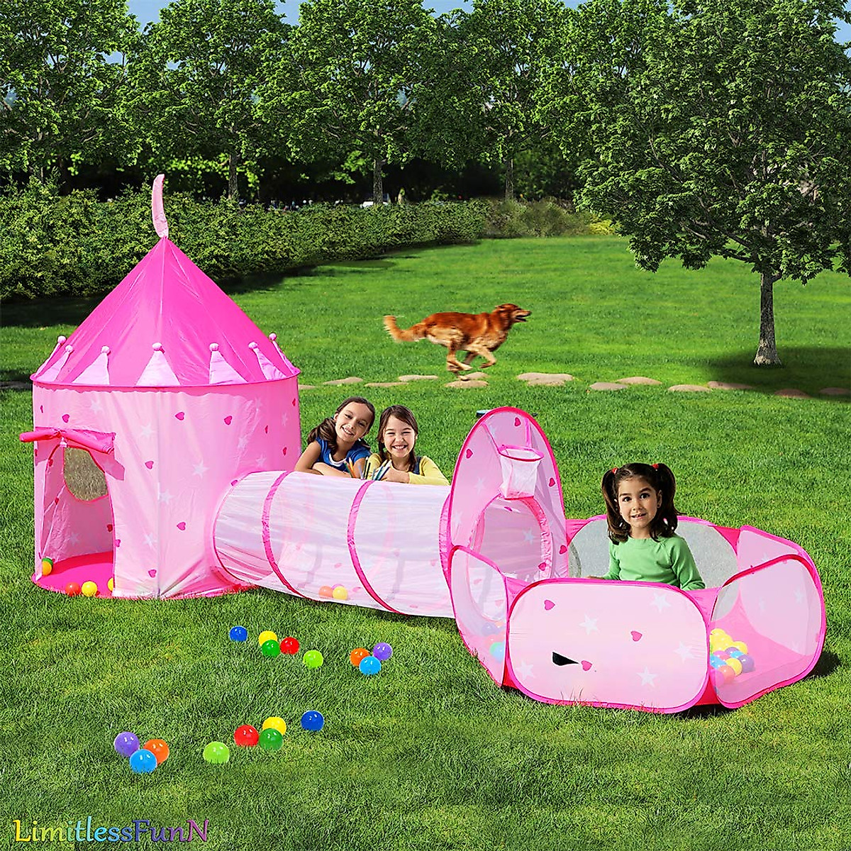 LimitlessFunN 4pc Princess Kids Pop Up Play Tent, Crawl Tunnel, Ball Pit | Includes Star Lights & Carrying Case |, Children Indoor Castle Playhouse for Girls, Toddlers, 47" D x 126" W x 53" H