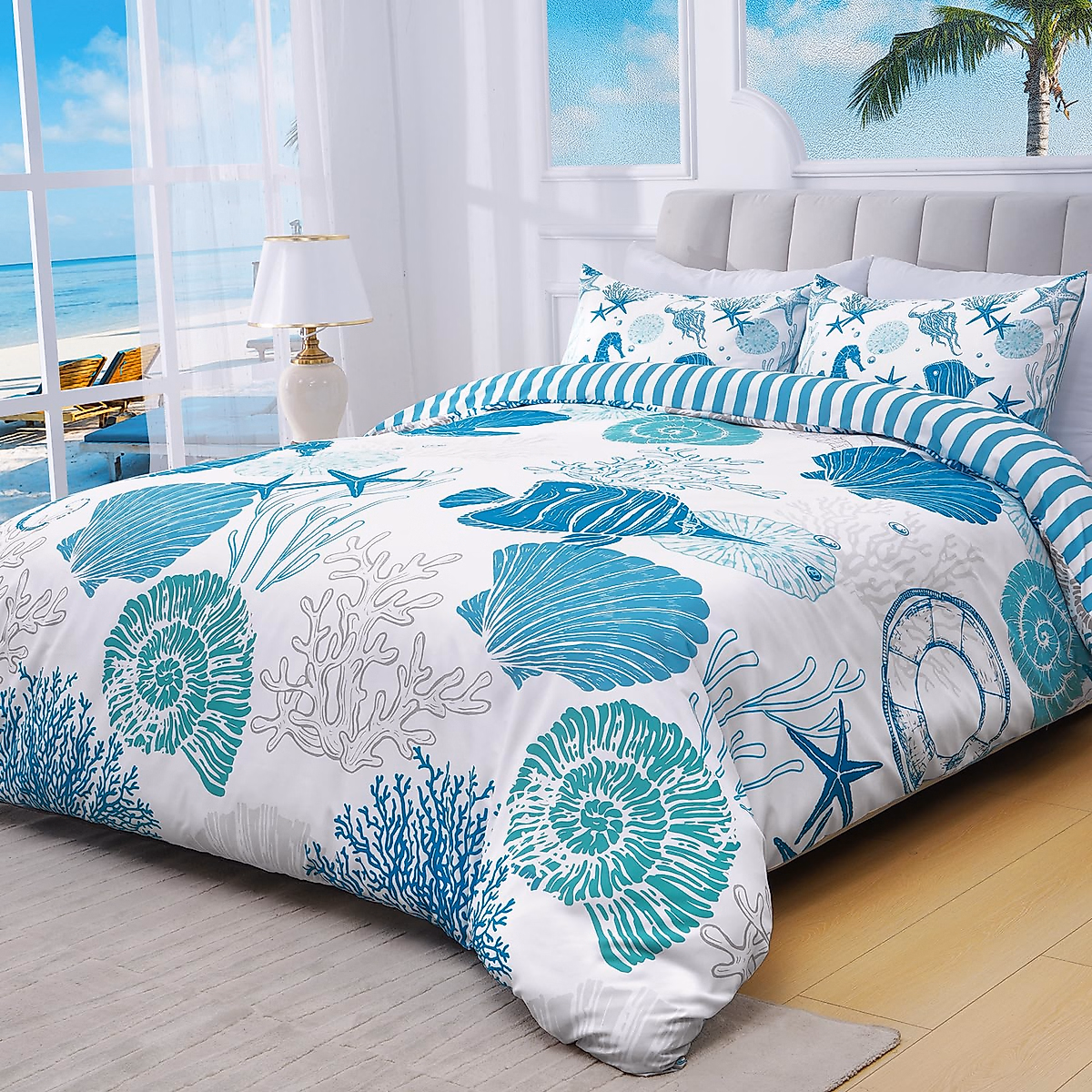 ASPMIZ 3 Piece Ocean Duvet Cover Queen Size Set, Double Side Reversible Soft Sea Coastal Queen Duvet Cover with Zipper Closure, Blue Comforter Cover Set, 1 Duvet Cover 90 x 90 inches & 2 Pillow Shams