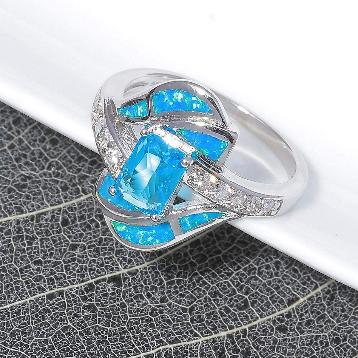 CiNily Silver Blue Fire Opal Aquamarine for Women Jewelry Gemstone Ring Size 5-12 (6)