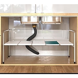 Kitchen Sink Shelf，Height and width Adjustable，Retractable Cabinets Single-layer Spice Rack，Depth 35cm，Width >86cm，5 Pcs Boards，Pot Storage Rack，Cabinet、Kitchen Storage Rack (White)