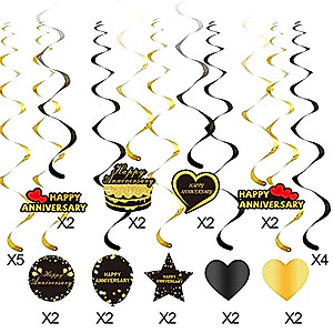 Kauayurk 27Pcs Happy Anniversary Hanging Swirl Decorations - Black Gold Happy Wedding Anniversary Party Swirl Ceiling Backdrop Supplies - Wedding Anniversary Hanging Decor Sign