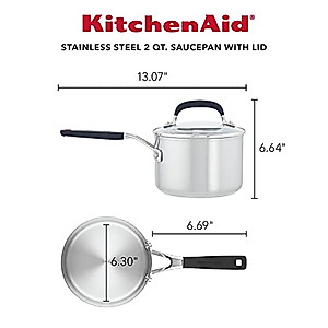 KitchenAid Stainless Steel Saucepan with Measuring Marks and Lid, 2 Quart, Brushed Stainless Steel