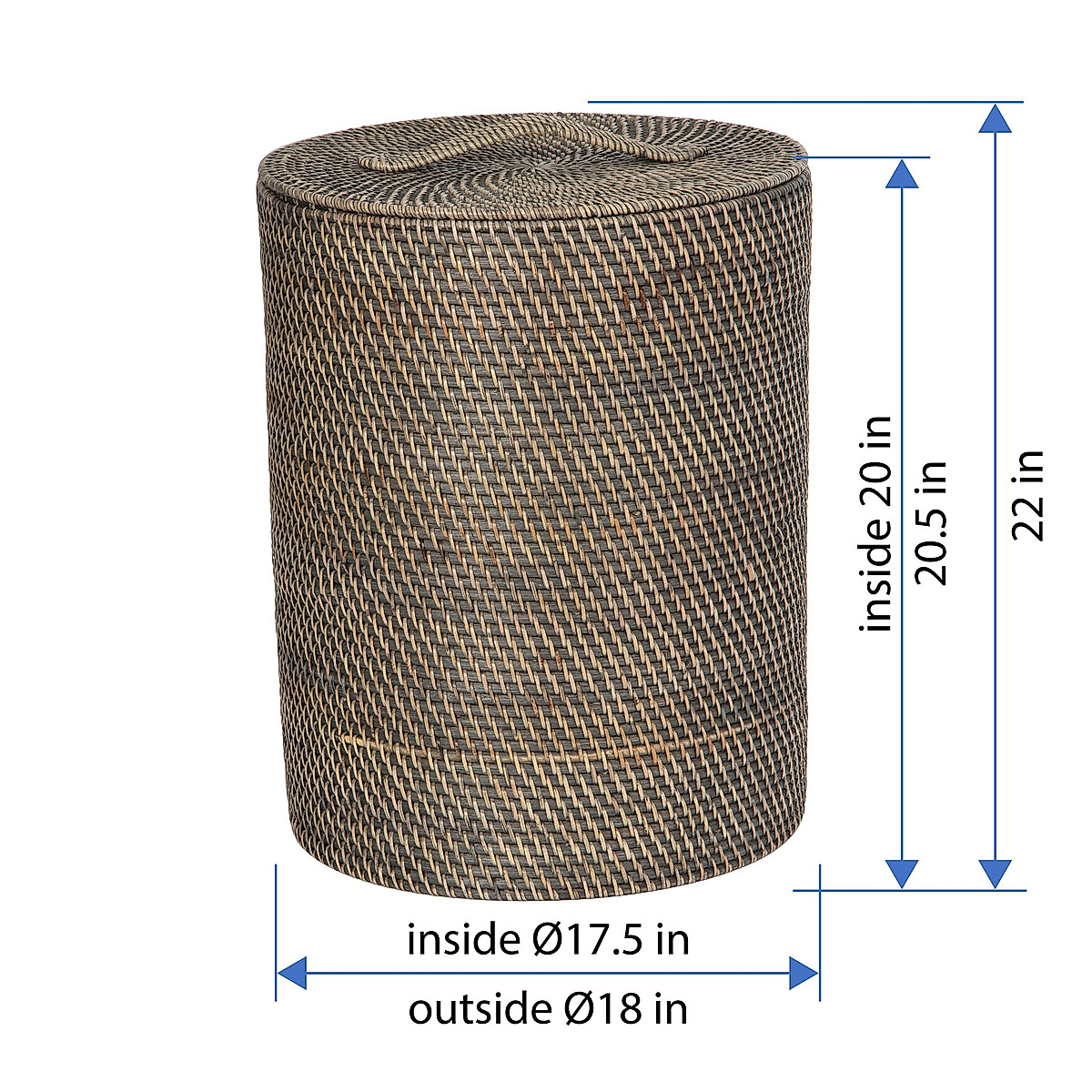 KOUBOO Round Rattan Laundry Hamper with Removable Liner and Lid - Coastal, Natural Decor Style - Small Size for Apartment Living - Stylish Addition for Your Home -18 in. height, Black-Wash