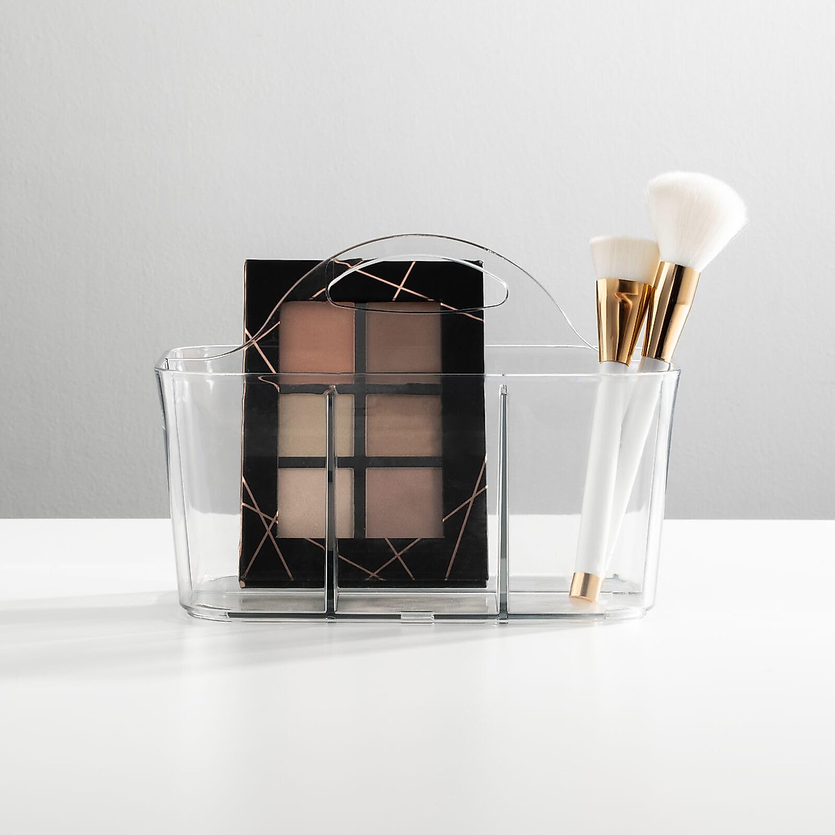 mDesign Plastic Makeup Storage Organizer Caddy Tote, Divided Basket Bin, Handle for Bathroom, Hold Eyeshadow Palettes, Nail Polish, Brushes, Shower Essentials, Small, Lumiere Collection, 2 Pack, Clear