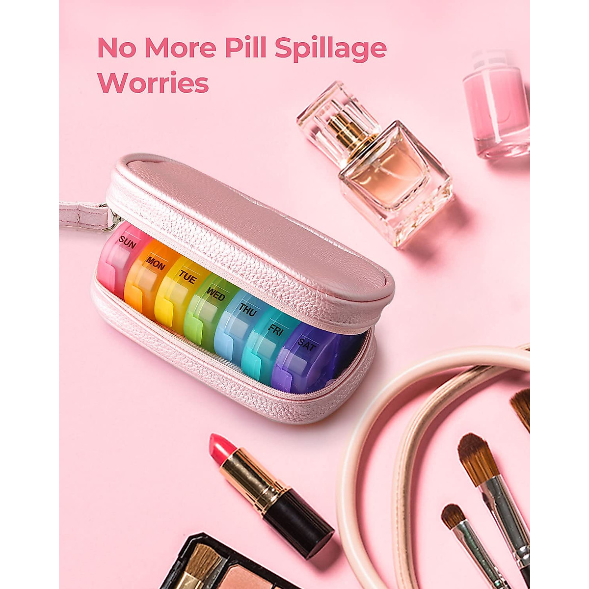 AMOOS Cute Pill Organizer 2 Times a Day, PU Leather Pill Case for Women, Portable Weekly Pill Box for Purse with Storage Bag to Hold Vitamins, Medications, Fish Oils, Supplements (Pink)