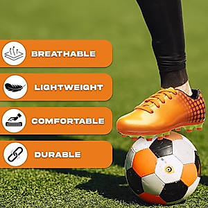 Vizari Palomar Firm Ground Soccer Shoes for Boys and Girls | Durable Synthetic Youth Soccer Cleats with Cushioned Sole for Stability | Secure Fit Kids Cleats with Padded Heel Orange/Purple