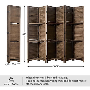 Partition Room Dividers, Folding Wood Privacy Screen with Three Display Shelves Suitable for Home Office, Study, Art Display - 6 Panel, 67 * 77inch (Brown)