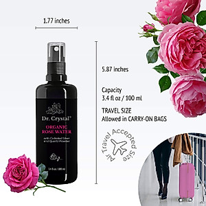 Rose Water for Face & Hair - CERES Certified Organic Rosewater. Facial Toner, Alcohol-Free Makeup Setting Hydrating Spray Mist. 100% Natural Anti-Aging Petal Rosewater by Dr.Crystal, 3.4oz Travel Size