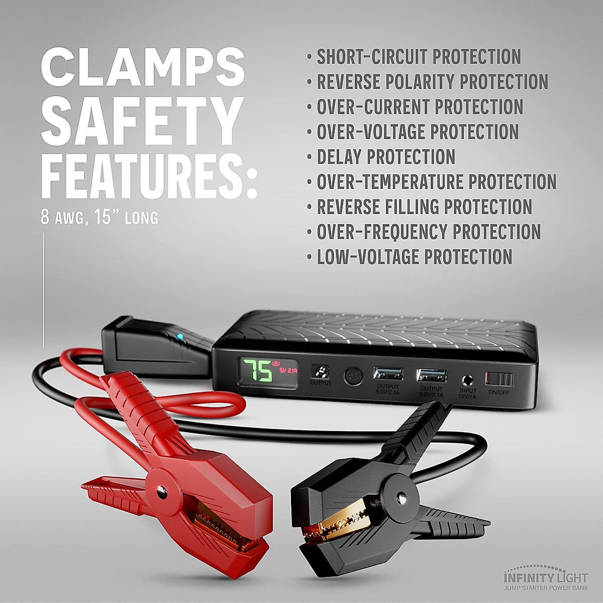 Infinity Light Jump Starter Battery Pack – 1000Amp 18,000mAh 12V Car Portable Battery Booster Pack Power Bank – 2 in 1 USB Charger with LCD Display, LED Light Emergency Warning Mode, 6L Gas/4L Diesel