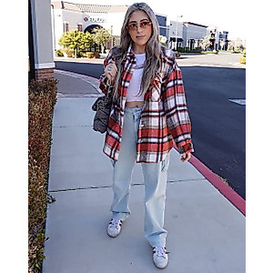 KIRUNDO Women's 2024 Fall Winter Flannel Plaid Shirts Jacket Casual Long Sleeve Boyfriend Button Down Shacket Coats(Style3-Orange, X-Large)