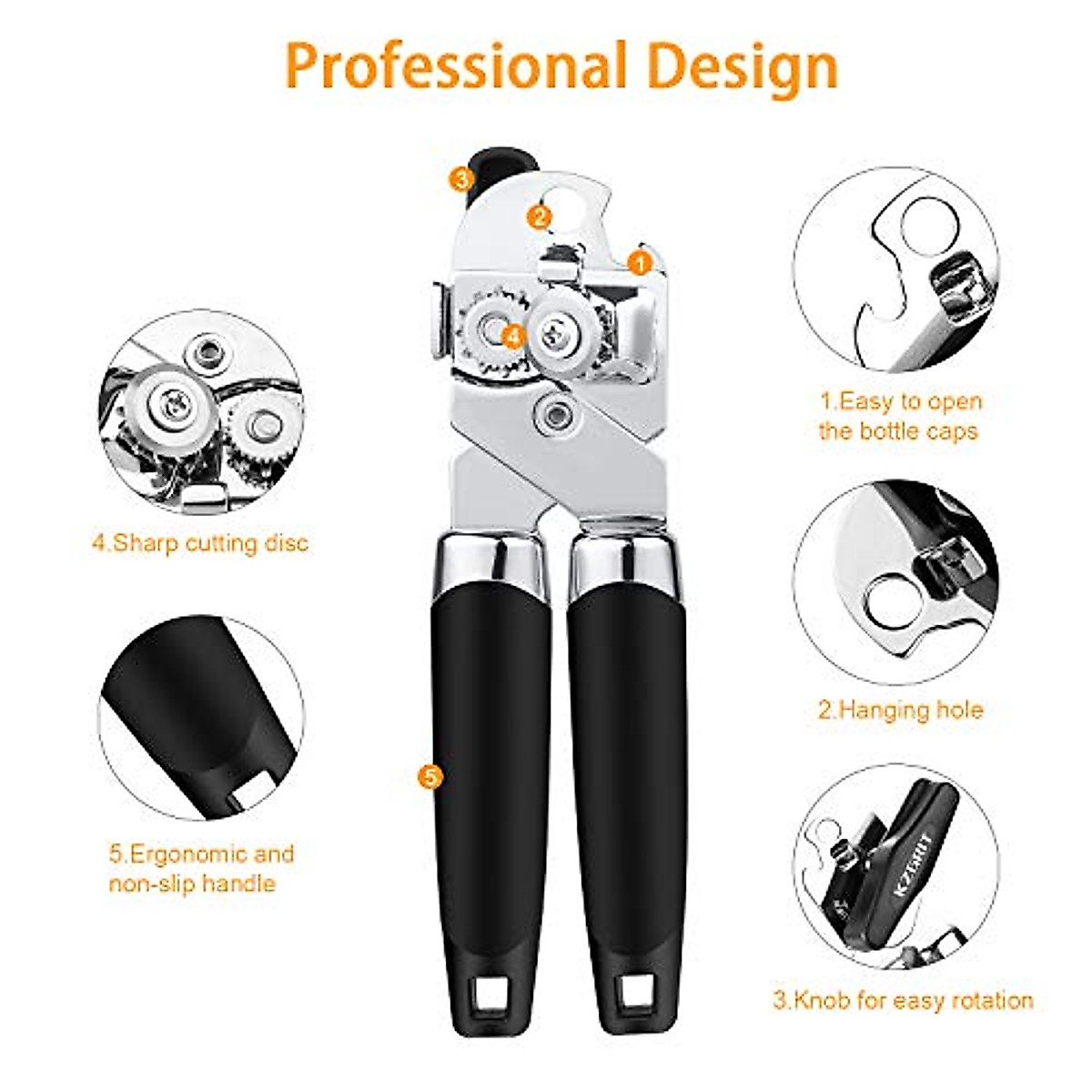 KzGrit Manual Can Opener, Food-Safe Stainless Steel, Smooth Edge, Tin Lids Jar Bottle Caps Openers with Non-Slip Handle and Ergonomic Turning Knob for Elderly with Arthritis(Black)