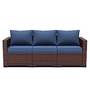 UDPATIO 3-Seat Patio Wicker Sofa, Outdoor Rattan Sectional Couch Furniture Steel Frame w/Furniture Cover Non-Slip Cushion and Deep Seating High Back, Navy