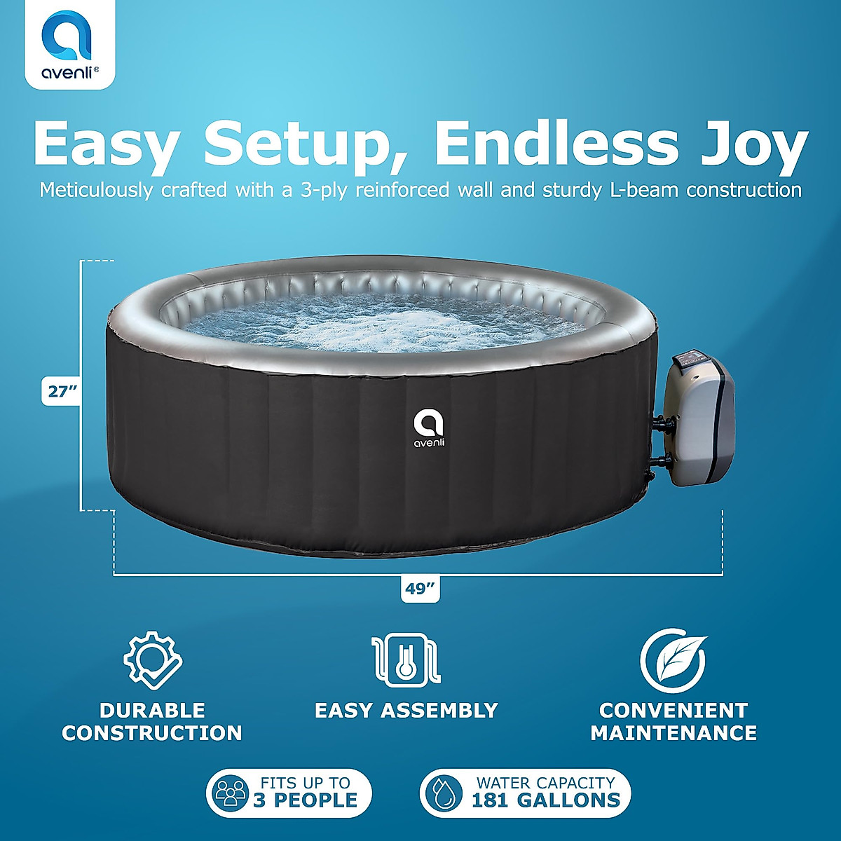 JLeisure Avenli London 181 Gallon 49 Inch 2 to 3 Person Inflatable Hot Tub Spa with Control Panel, Insulated Tub Cover and Floor Protector, Black