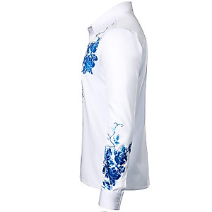 ZEROYAA Men's Hipster Rose Floral Printed Slim Fit Long Sleeve Button Up Party Dress Shirts ZZCL63 White Royal X Large