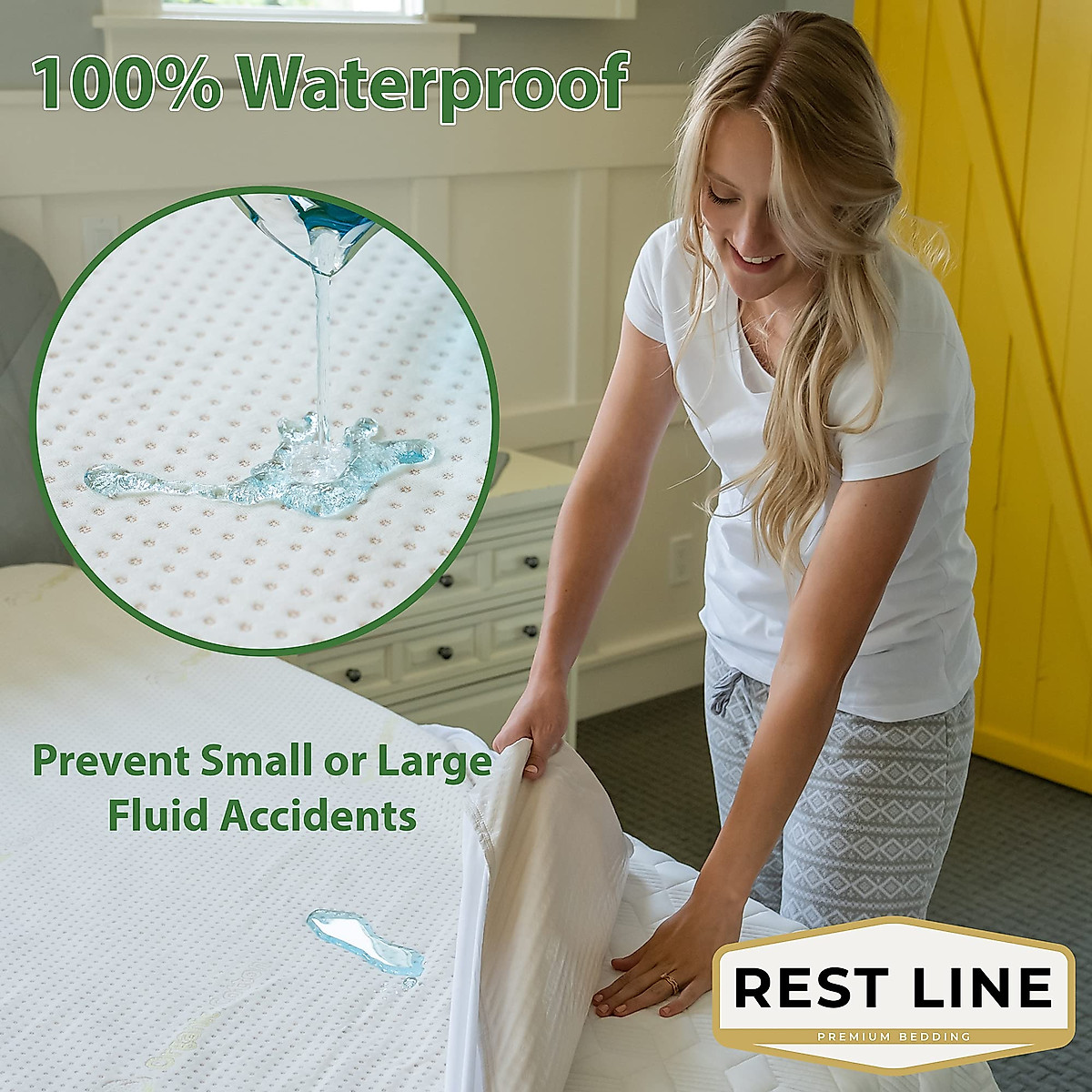 Rest LINE 100% Organic Cotton Mattress Protector. Crib and Cot Cover (28x52in),100% Waterproof,Cooling, Hypoallergenic Cover Stretches 6 to 8 Inch dept and Protects Against Wetting Accidents