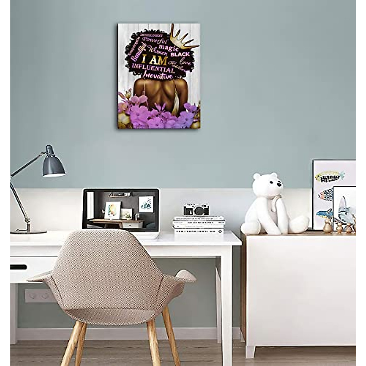 Black Queen Wall Art African American Canvas Wall Art Black Women Purple Flowers Inspiritional Quotes Poster Abstract Contemporary Canvas Prints Painting for Living Room Bathroom Bedroom Decor Home Decorations, 16x24 inches, No Frame