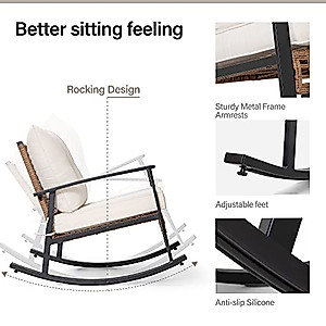 LAUSAINT HOME 3 Pieces Rocking Bistro Set, Outdoor Patio Furniture Set with Thick Cushions and 2-Tier Coffee Table, Oversize Rattan Conversation Sets for Garden, Balcony, Backyard (Beige)