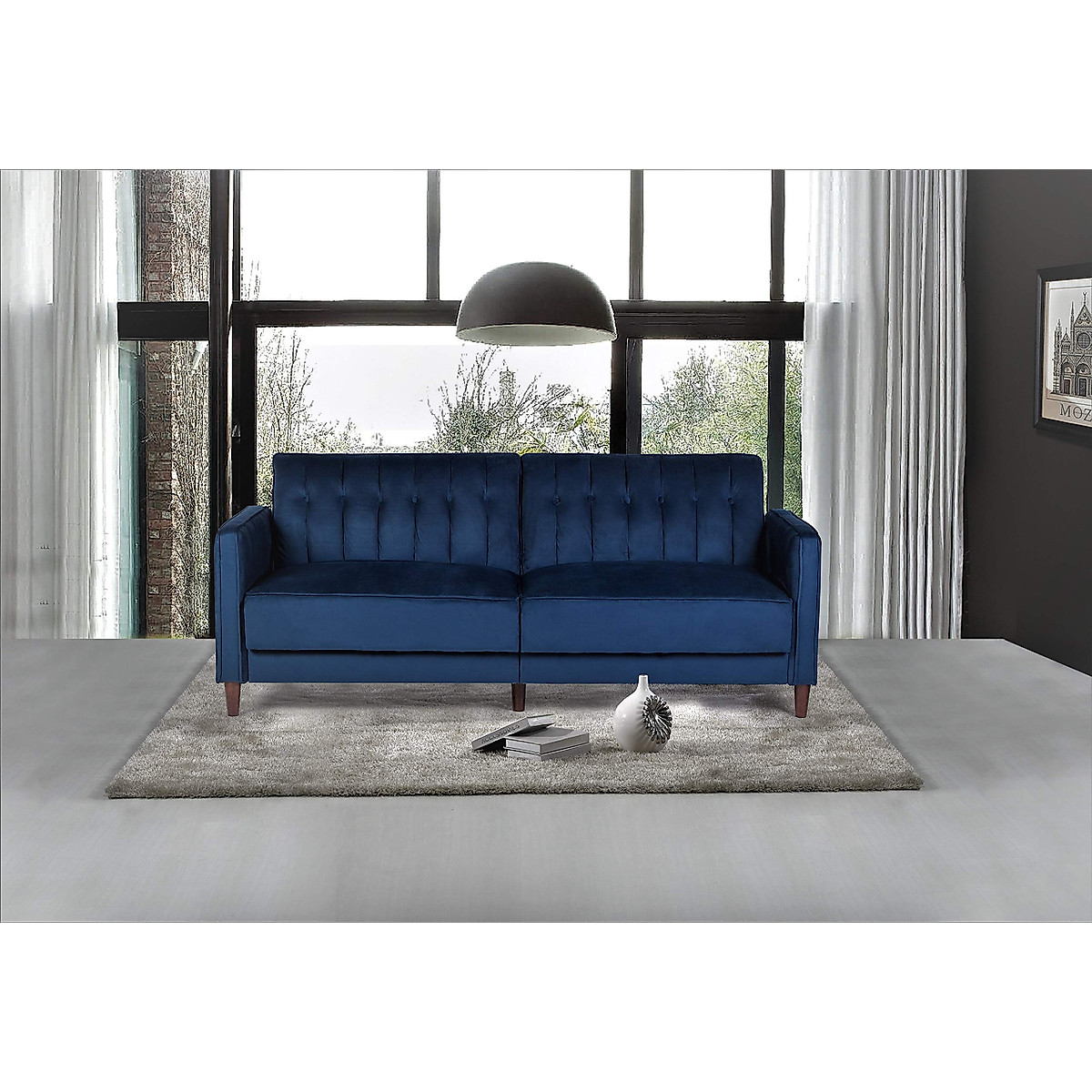 Container Furniture Direct Anastasia Mid Century Modern Velvet Tufted Convertible Sleeper Sofa, 81", Green