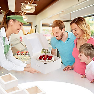 Exceptional Value Bundle | 4-Pack Cake Boxes (10x10x5 Inches) 4 Corrugated White Cake Boards & 4 Happy Birthday Cake Toppers. | 350 GSM Thick Sturdy Cardboard | Fancy Design See-Through Window |