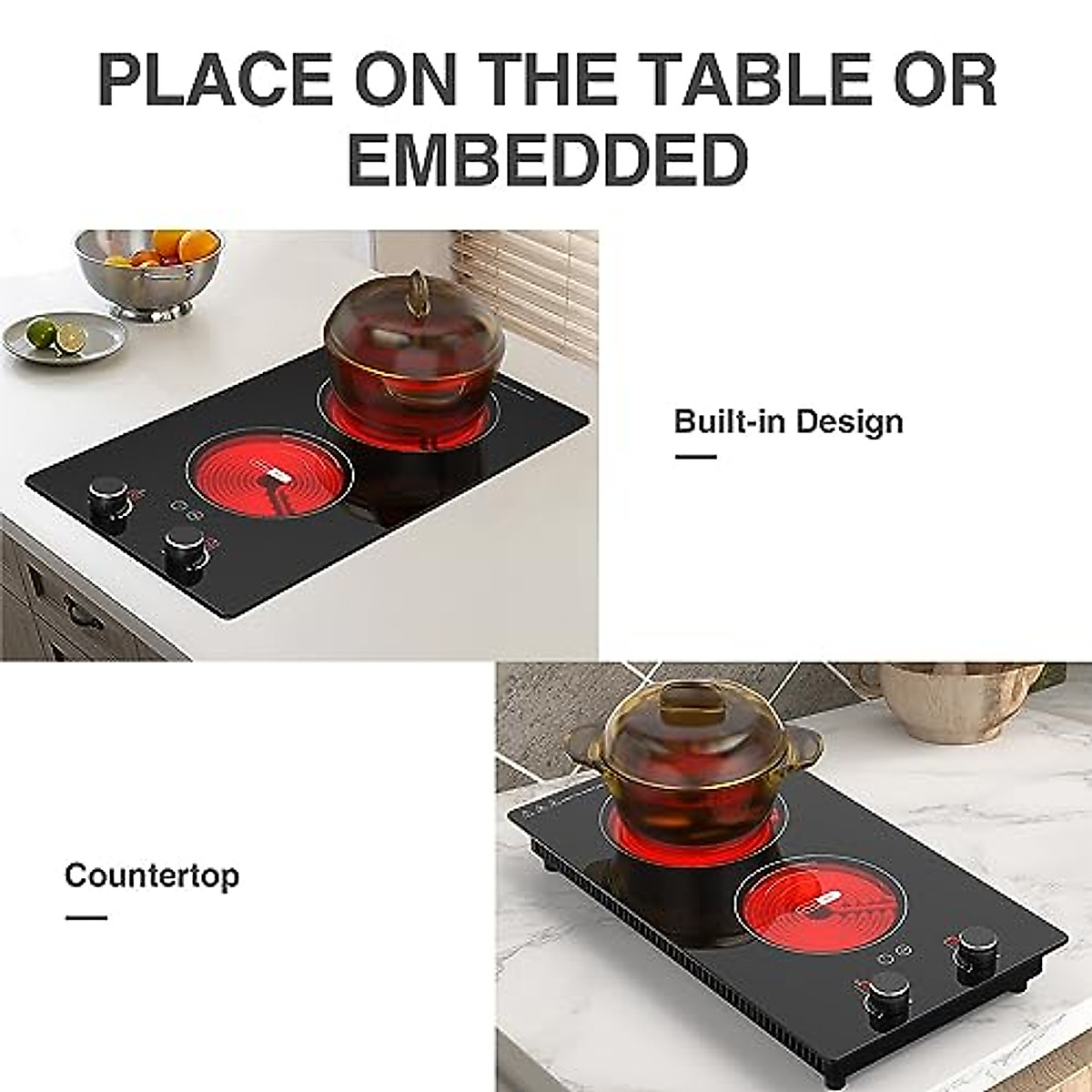 VBGK Electric Cooktop,110V Electric Stove Top with Knob Control, 9 Power Levels, Kids Lock & Timer, Hot Surface Indicator, Overheat Protection,12 Inch Built-in Radiant Double induction cooktop