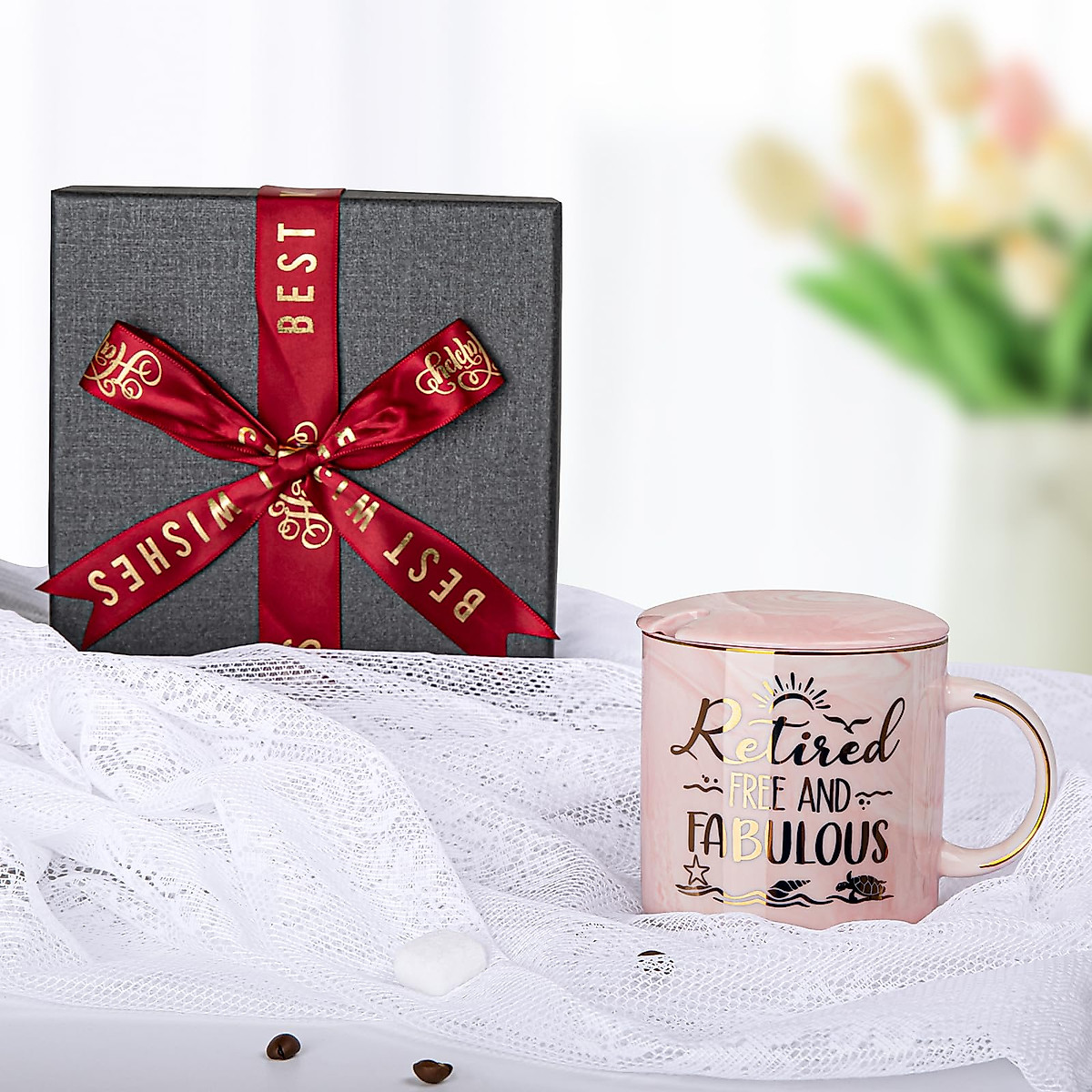 Retirement Gifts for Women 2024 - Retirement Gifts for Women, Coworker Leaving Gifts, Farewell Gifts, Going Away, Goodbye Gifts, Retired Free And Fabulous -14oz Pink Marble Coffee Mug, Gift box