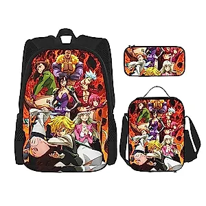 ORPJXIO Backpack 3 Piece Set The Seven Anime Deadly Sins Laptop Backpack Pencil Case Lunch Bag Combination For Travel Work Camping