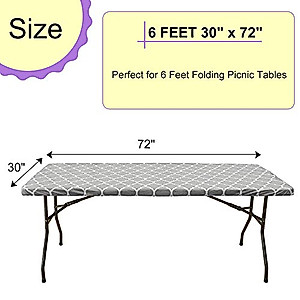 Vinyl Fitted Tablecloth for 6 ft Rectangle Table, Gray Moroccan Design, Waterproof Elastic Table Cover with Flannel Backed Lining, Fits 30"x72" Folding Table, for Outdoor Picnics/Travel/Holiday/Party