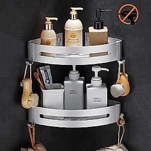 ATEMA 2 Pack Corner Shower Caddy,with Hooks No Drilling Adhesive Shower Storage Rack Shelf,Shampoo Razor Holder Organizer,Rustproof Aluminum Wall Mounted Shower Caddies for Bathroo/Kitchen/Dorm/Toilet