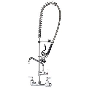 CWM Commercial Sink Faucet with Sprayer-43 Inch Commercial Kitchen Faucet 8 Inches Center Wall Mount Pre Rinse Faucet with 12 Inches Add on Spout