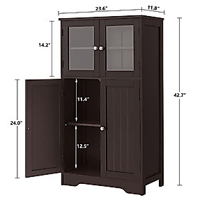 Iwell Bathroom Storage Cabinet, Linen Cabinet with Glass Doors & Adjustable Shelf, Freestanding Storage Organizer for Living Room, Home Office, Bathroom, Brown