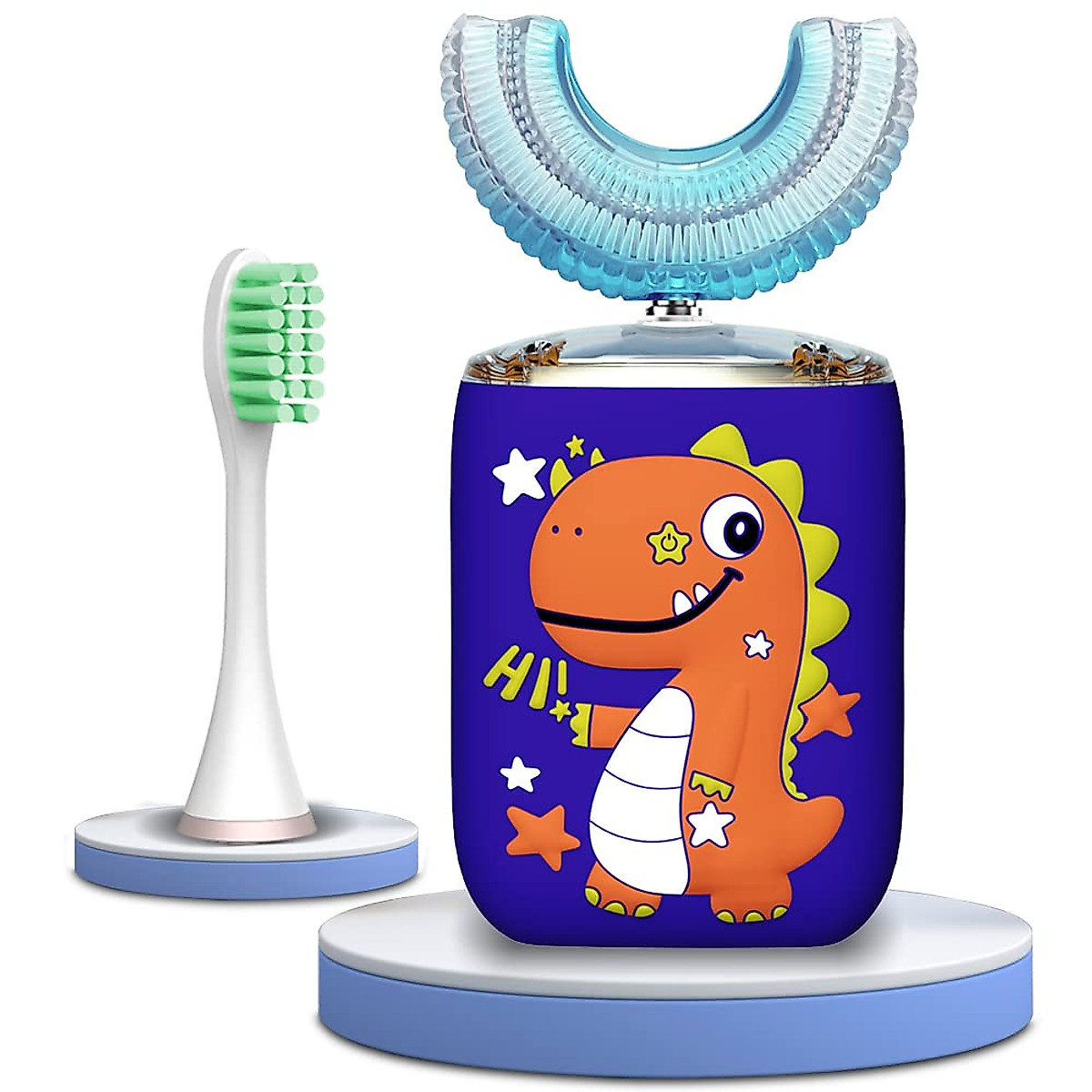 Kids Electric Toothbrush U Shape Dinosaur Ultrasonic Automatic Toothbrush with Replacement Soft Bristles Heads Six Modes 360°Oral Cleaning IPX7 Waterproof Smart Rechargeable Toothbrush (3. Orange)