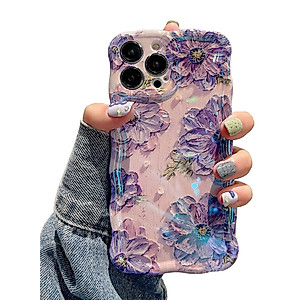 EYZUTAK Case for iPhone 13 Pro Max, Colorful Retro Oil Painting Printed Flower Laser Glossy Pattern Cute Curly Wave Edge Exquisite Phone Cover Stylish Durable TPU Protective Case for Girl Women-Purple
