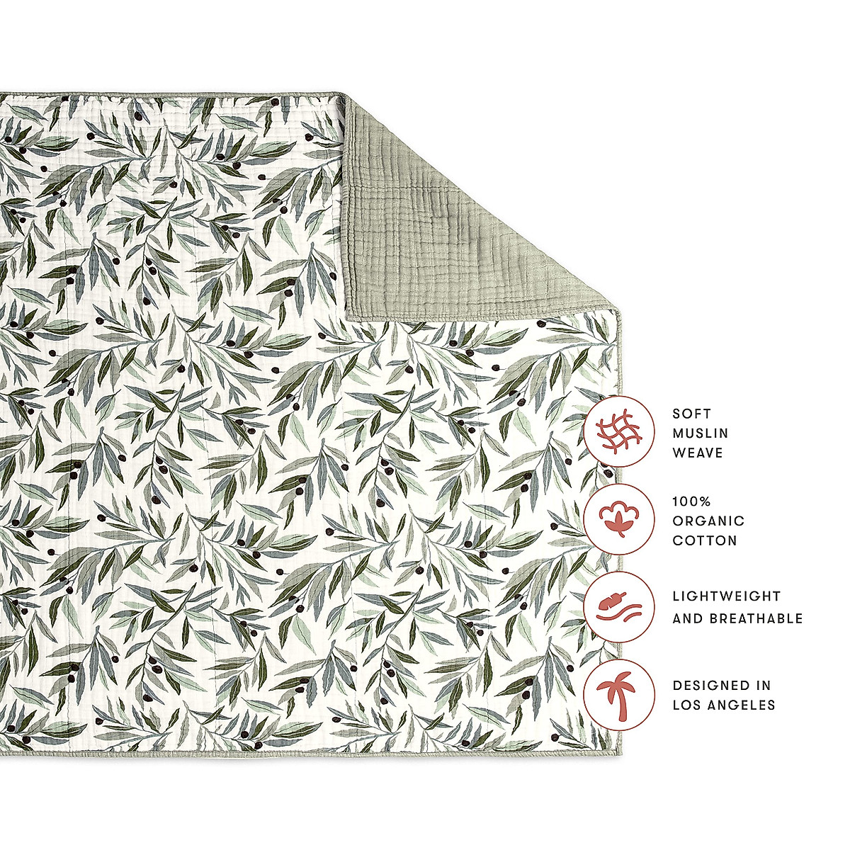 babyletto 100% Organic Cotton Quilt, GOTS-Certified, 3-Layers of Ultra-Soft and Breathable Muslin - Olive Branches