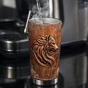 20oz Wooden Viking Wolf Tumbler, Norse Mythology, Viking Gifts for Men, Gifts for Wolf Lovers, Coffee Thermos, Stainless Steel Double Wall Vacuum Insulated Coffee Mug, Travel Cup with Lid