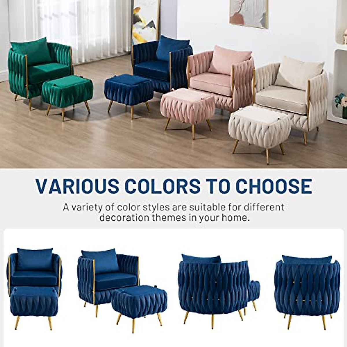 NIOIIKIT Modern Velvet Accent Chair with Storage Ottoman, Upholstered Hand Woven Lounge Chair with Pillow, Luxury Armchair, Vanity Chair for Living Room, Bedroom, Office (Navy)