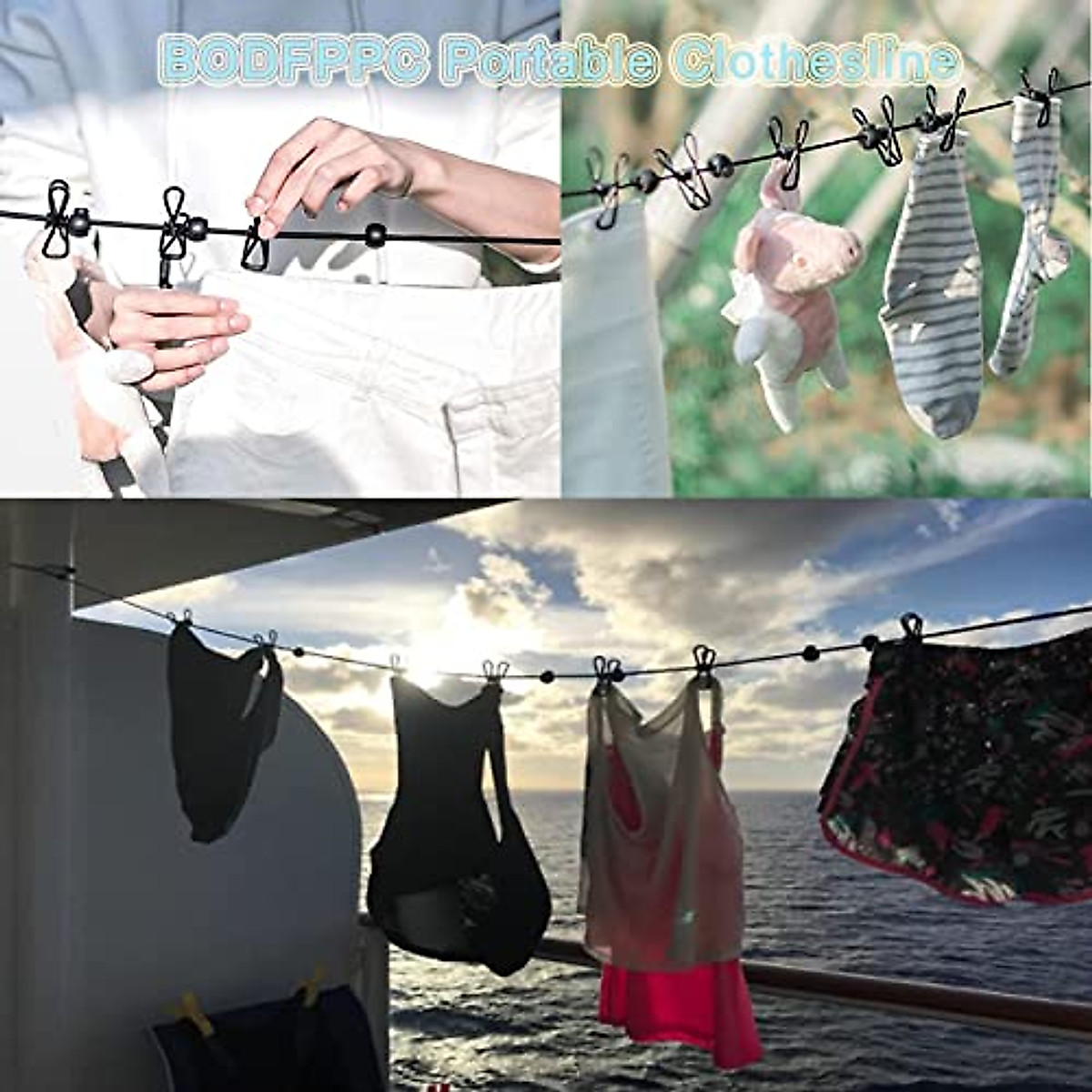 Portable Drying Rack Clothing Camper Clothesline with 12 Clothespins, Windproof Travel Clothesline Stretchy Elastic for Indoor Laundry Drying line,Outdoor Camping Accessories (Blue)